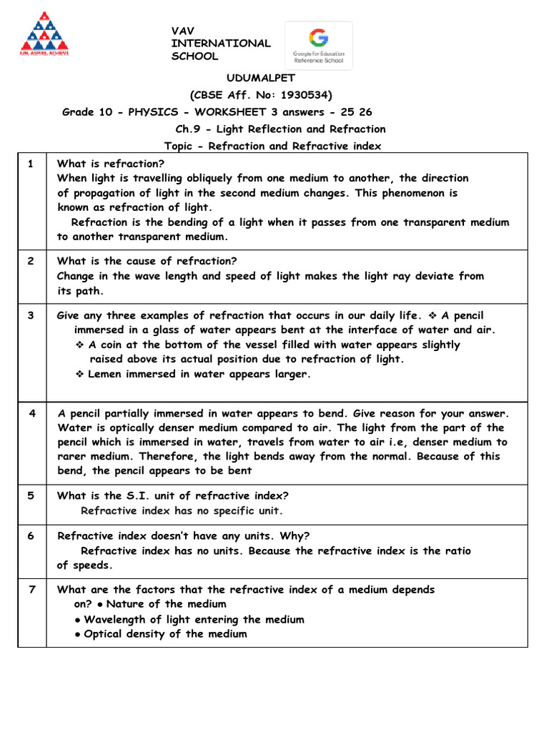 Refraction and Refractive Index Worksheet | PDF | Refraction | Refractive Index
