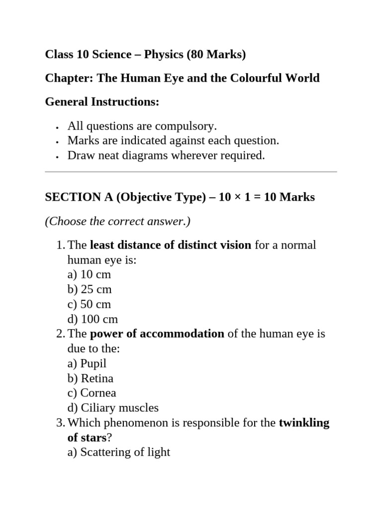 Human Eye Colourfull World 80 Mark Question | PDF | Eye | Human Eye
