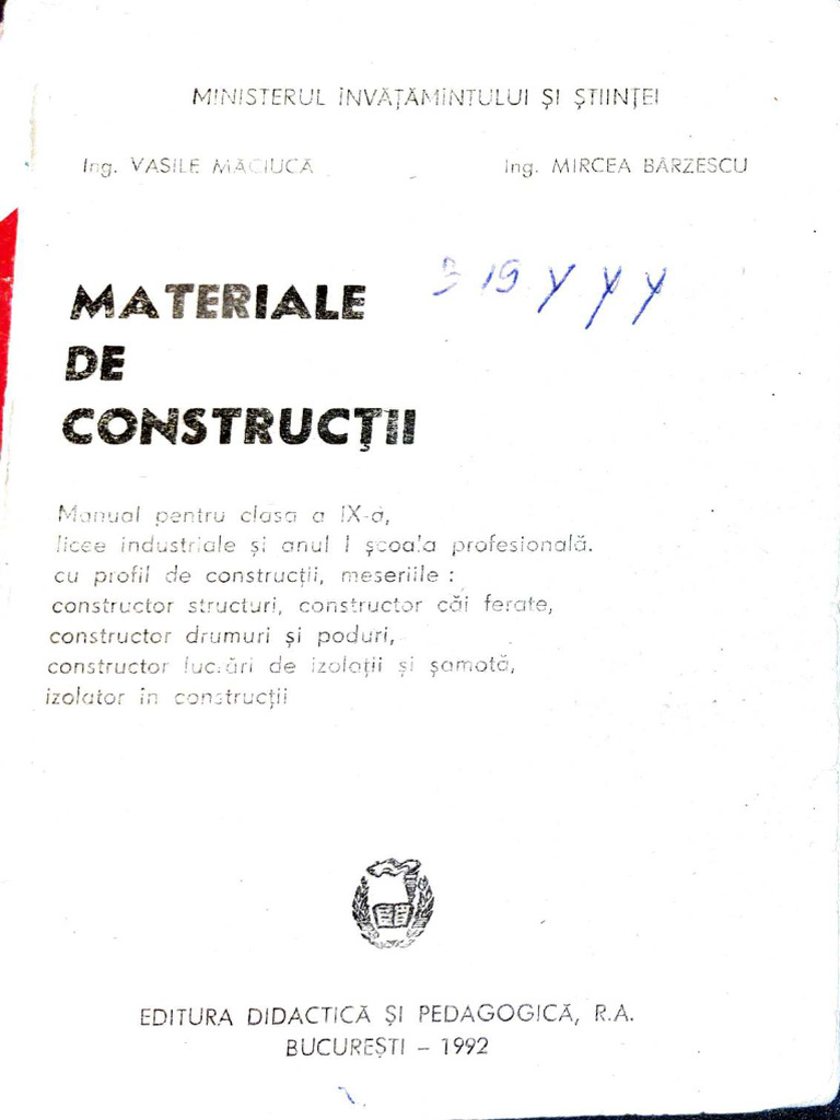 Materiale de Constructii Manual Clasa A Ix A Maciuca V Si Barzescu M | PDF