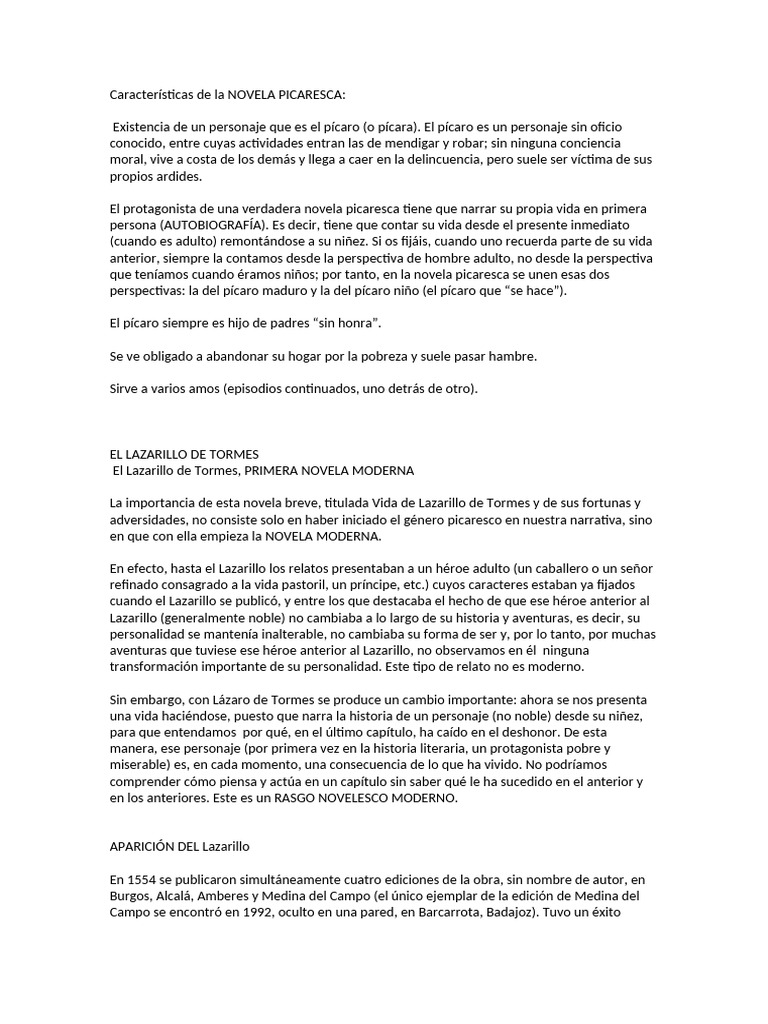 Características de La NOVELA PICARESCA, Estructura de El Lazarillo de ...