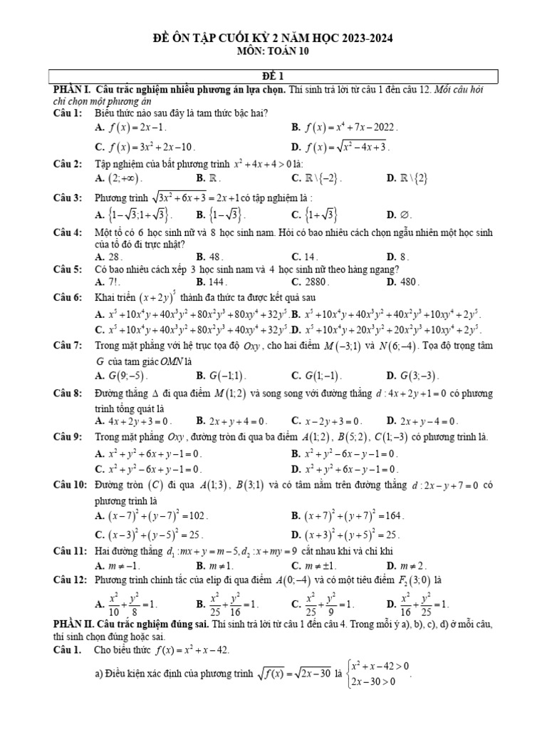 ĐỀ ÔN TẬP KIỂM TRA CK2- K10-23-24 | PDF