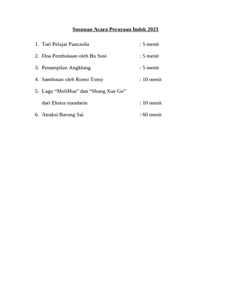 Susunan Acara Perayaan Imlek 2023 | PDF