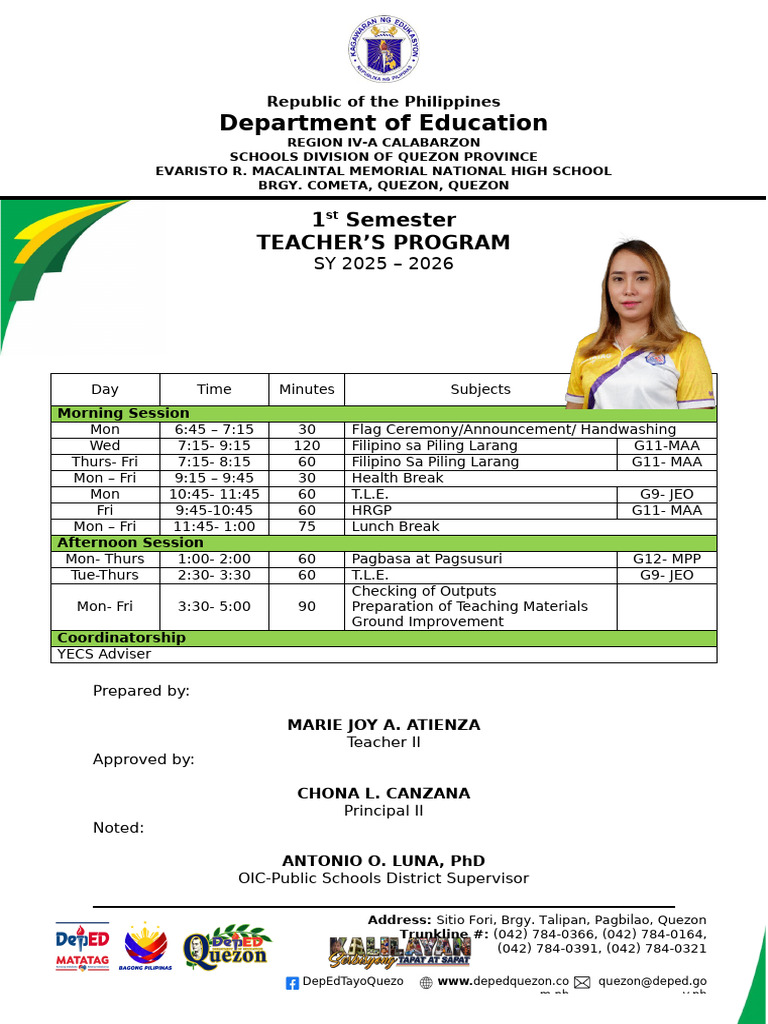 Teachers Class-Program Template 2024 | PDF | Government | Public ...