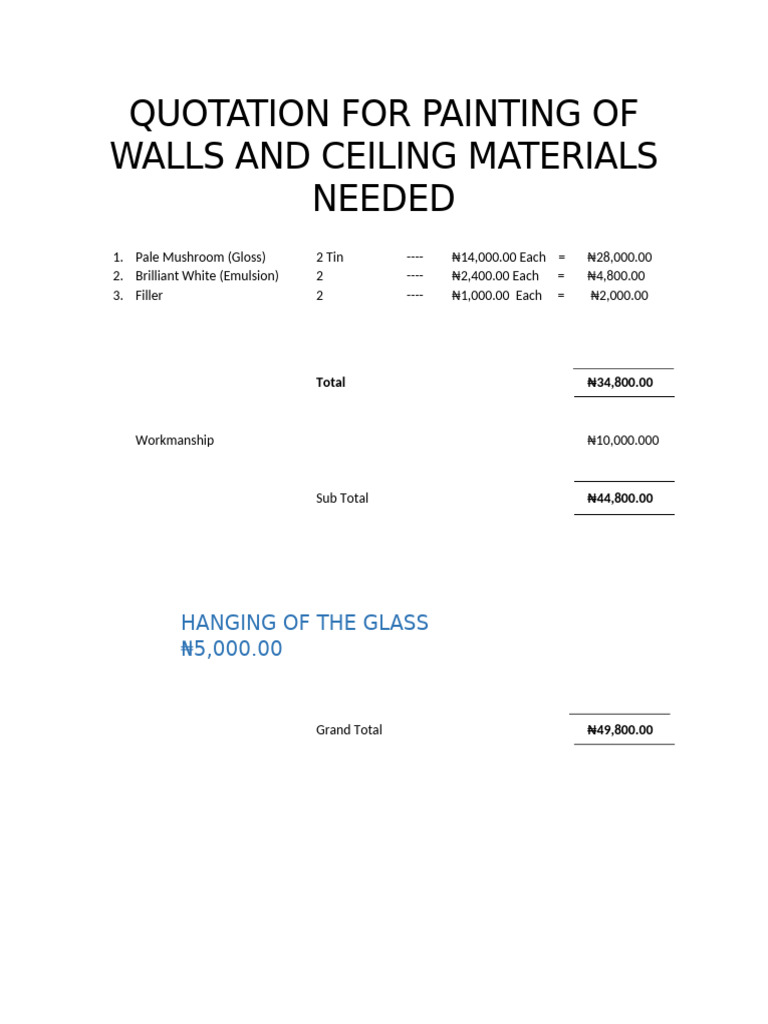 Quotation For Painting of Walls and Ceiling Materials Needed | PDF
