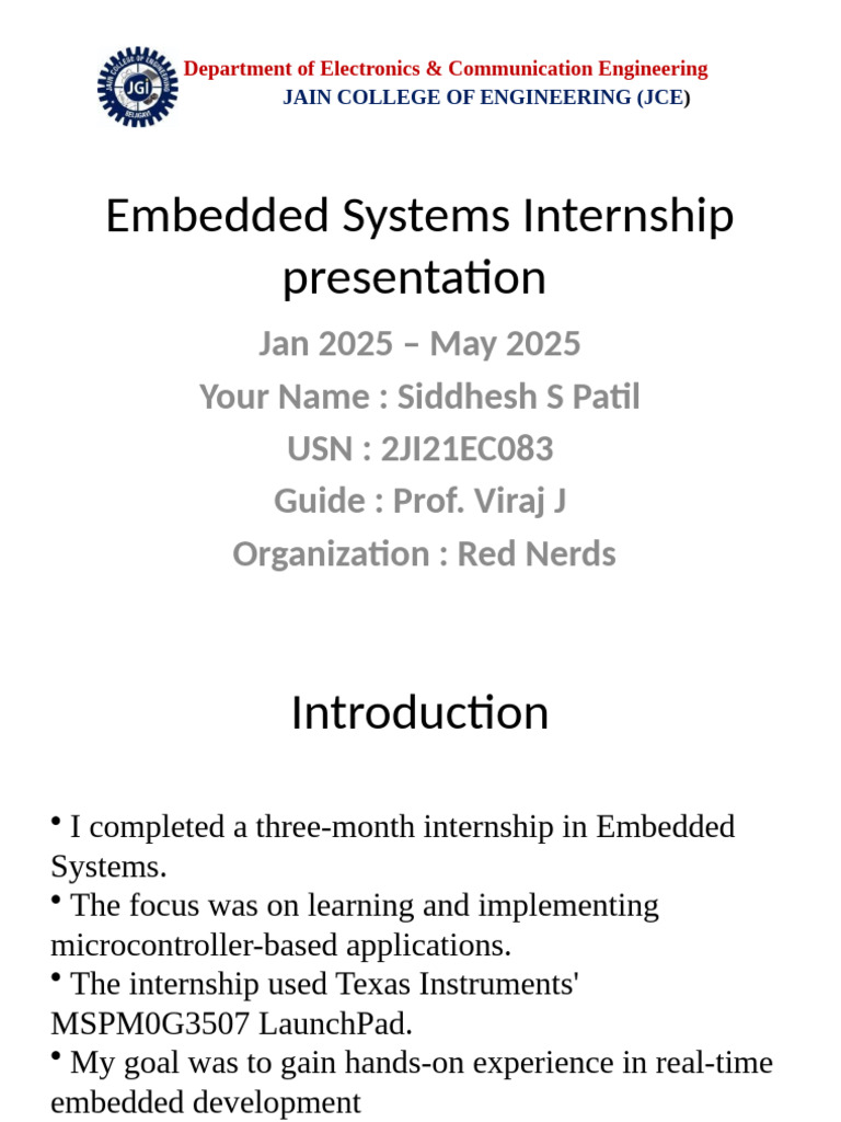 Embedded Systems Internship PPT Final2 | PDF | Embedded System | Computer Engineering