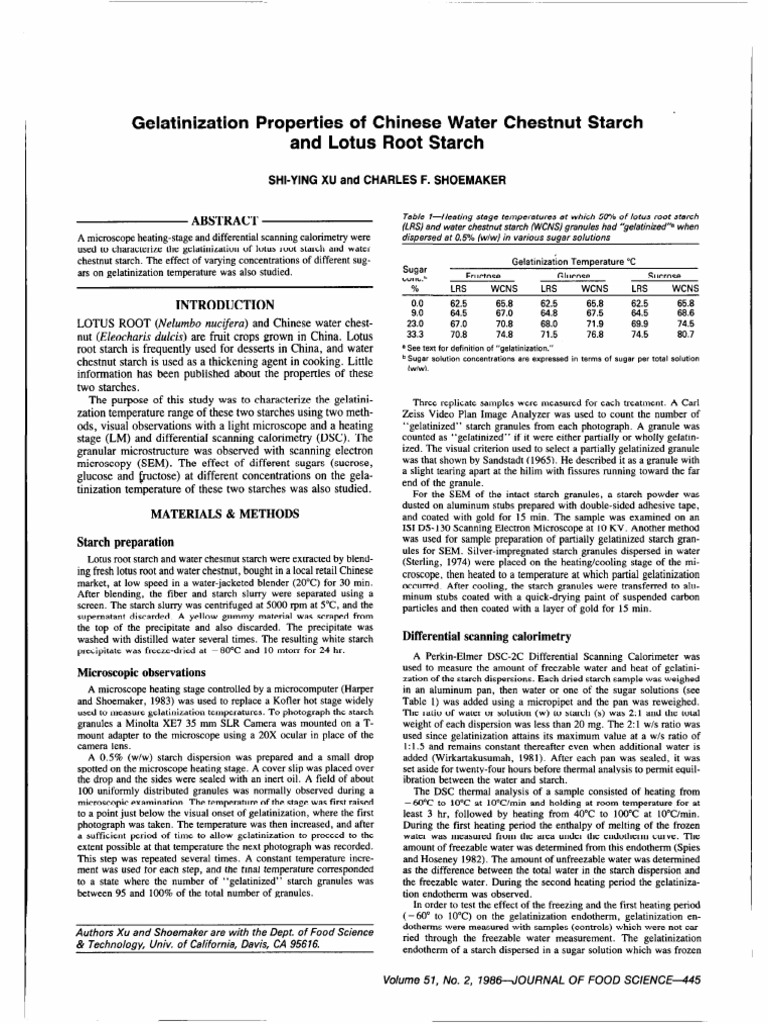 Gelatinization Properties of Chinese Water Chestnut Starch | PDF | Differential Scanning ...
