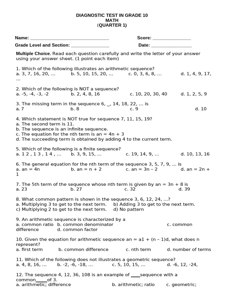 Diagnostic Test in Grade 10 Math | PDF | Zero Of A Function | Polynomial