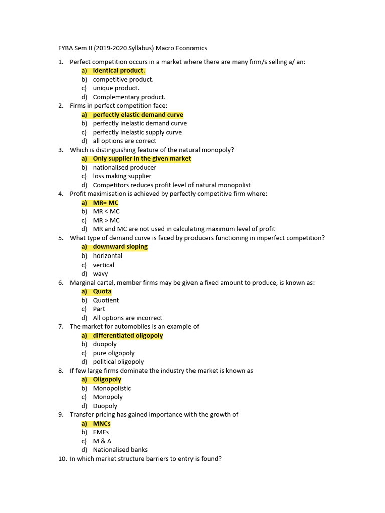 QB FYBA Economics Sem2 Answers | PDF | Monopoly | Profit (Economics)