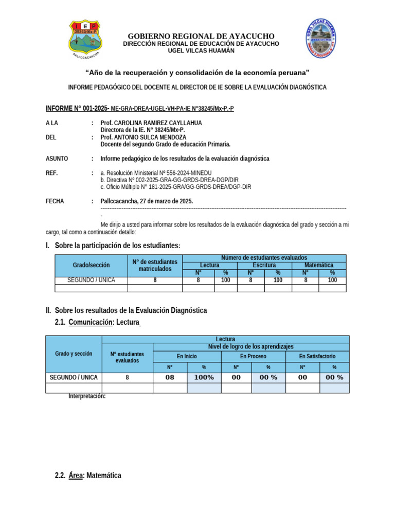 Informe Del Docente-Eval-Diagnóstica-2025 - SEGUNDO GRADO - Primaria | PDF | Evaluación ...