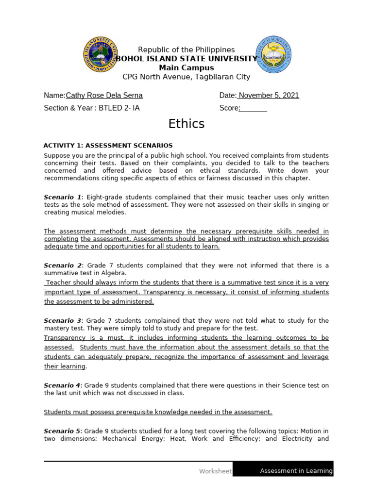 Dela Serna, Cathy Rose 6 - Ethics - Worksheet | PDF | Teachers | Learning