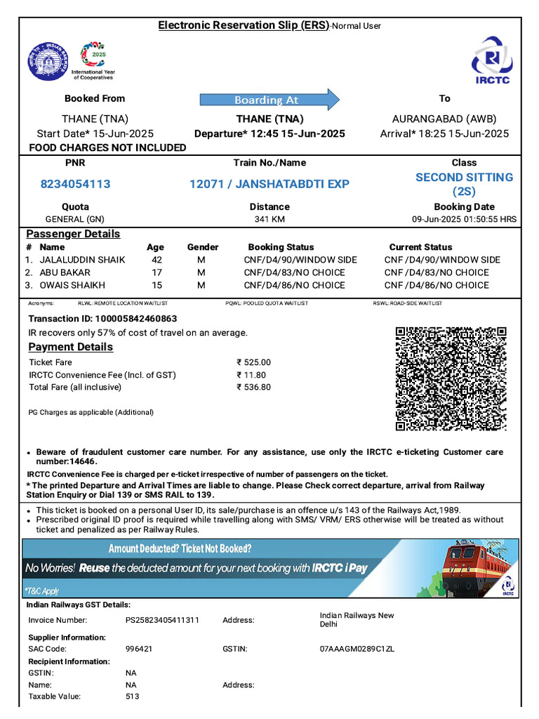 Janshatabdti Exp Second Sitting (2S) : Electronic Reservation Slip (ERS ...