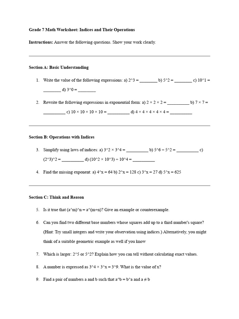 Indices Worksheet | PDF