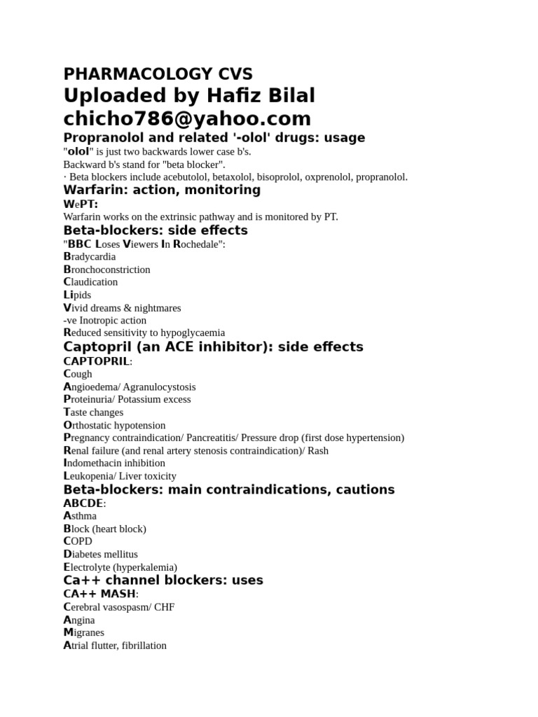 CVS Pharma Mnemonics by Hafiz Bilal | PDF