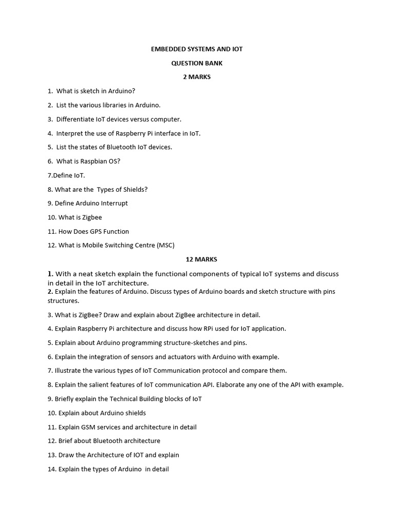 Embedded Systems and Iot-Question Bank | PDF