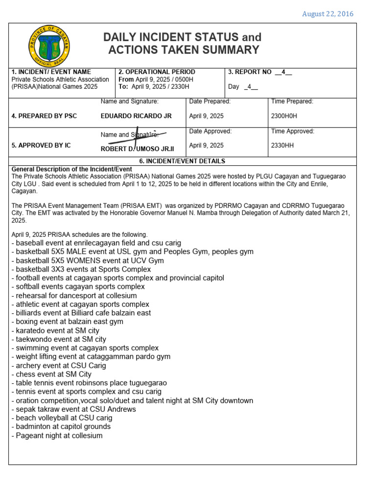 Daily Report Prisaa 2025april 9 2025 | PDF