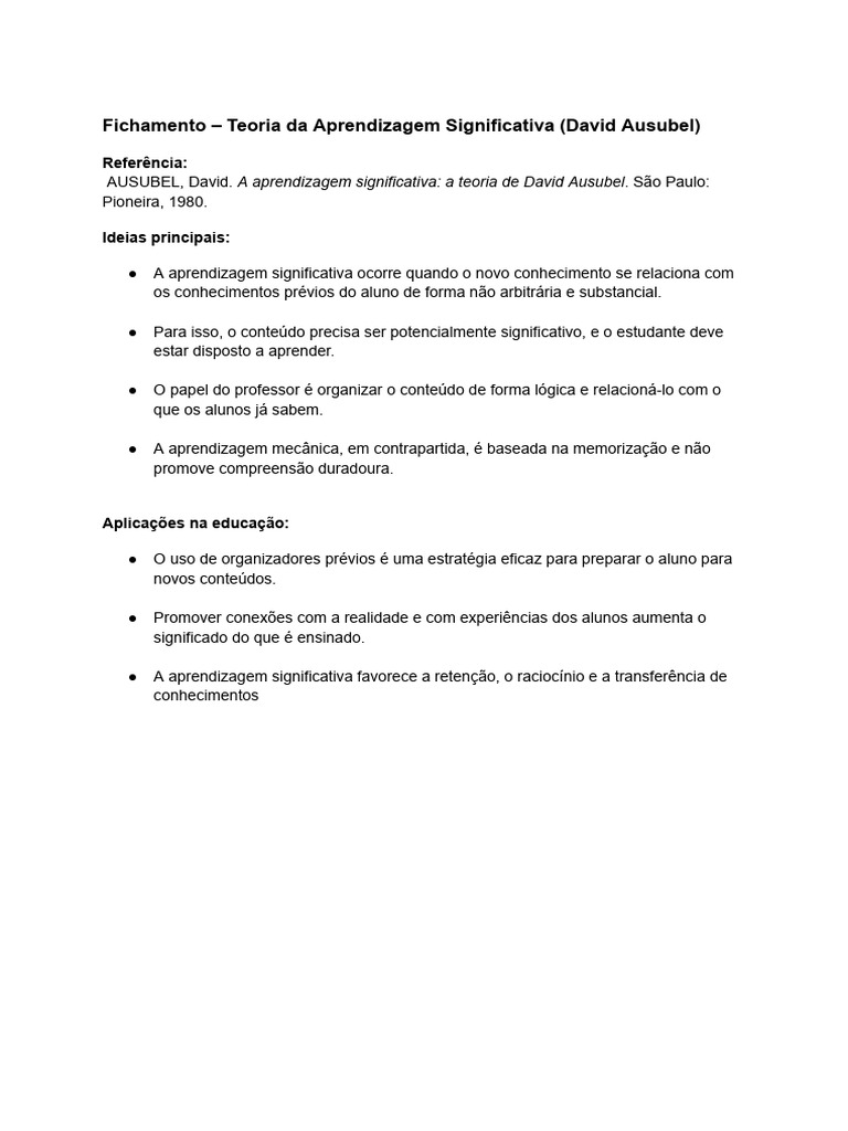 Fichamento - Teoria Da Aprendizagem Significativa (David Ausubel ...