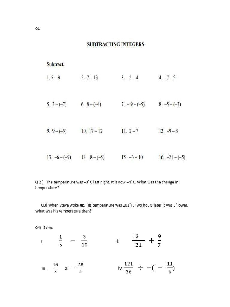 Revision Worksheet Integers | PDF