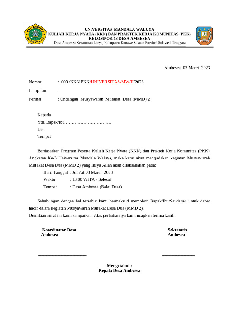 Surat Undangan MMD 1 KKN Dan PKK | PDF