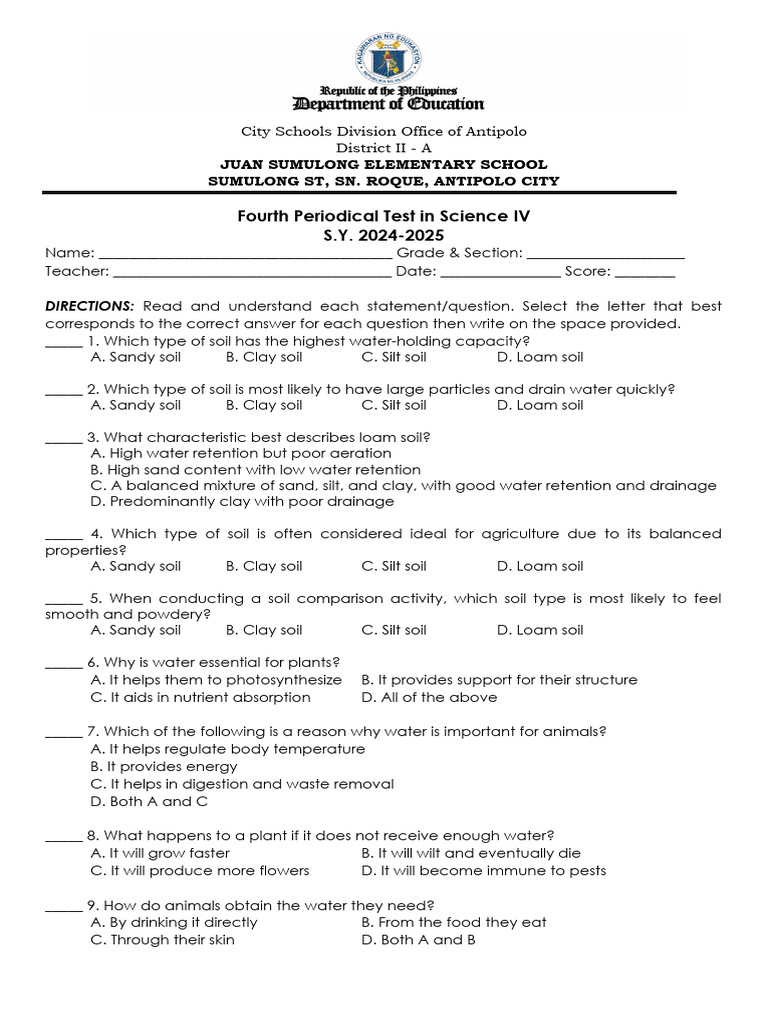 Science IV Fourth Periodical Test | PDF | Soil | Humidity