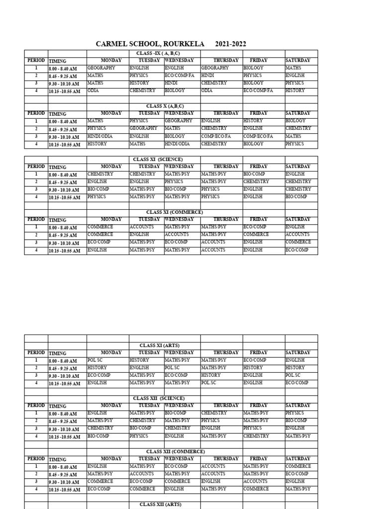 Class Schedule for Carmel School 2021-2022 | PDF
