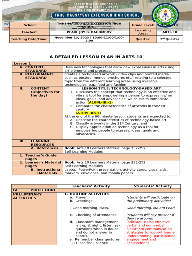 Lesson Plan Arts 10, 2nd Q | PDF | Learning | Lesson Plan