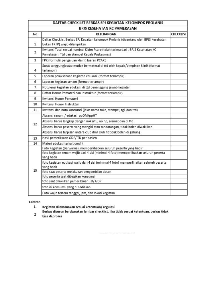 Checklist Berkas SPJ Kegiatan Kelompok Prolanis | PDF