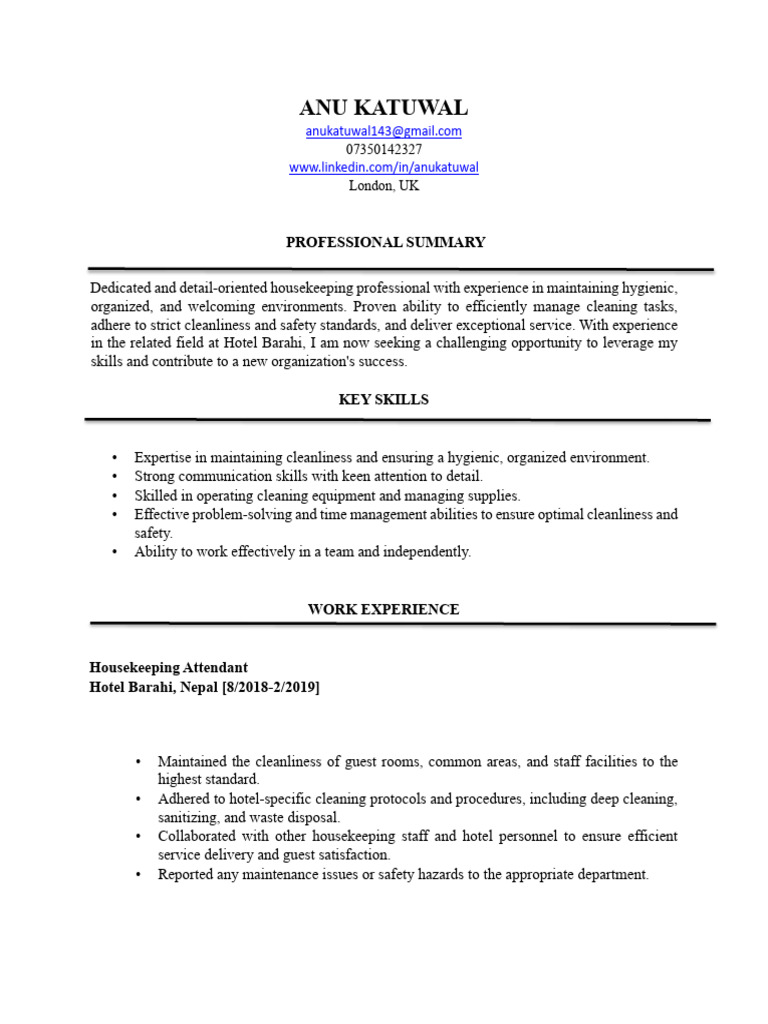 Anu Housekeeping CV | PDF