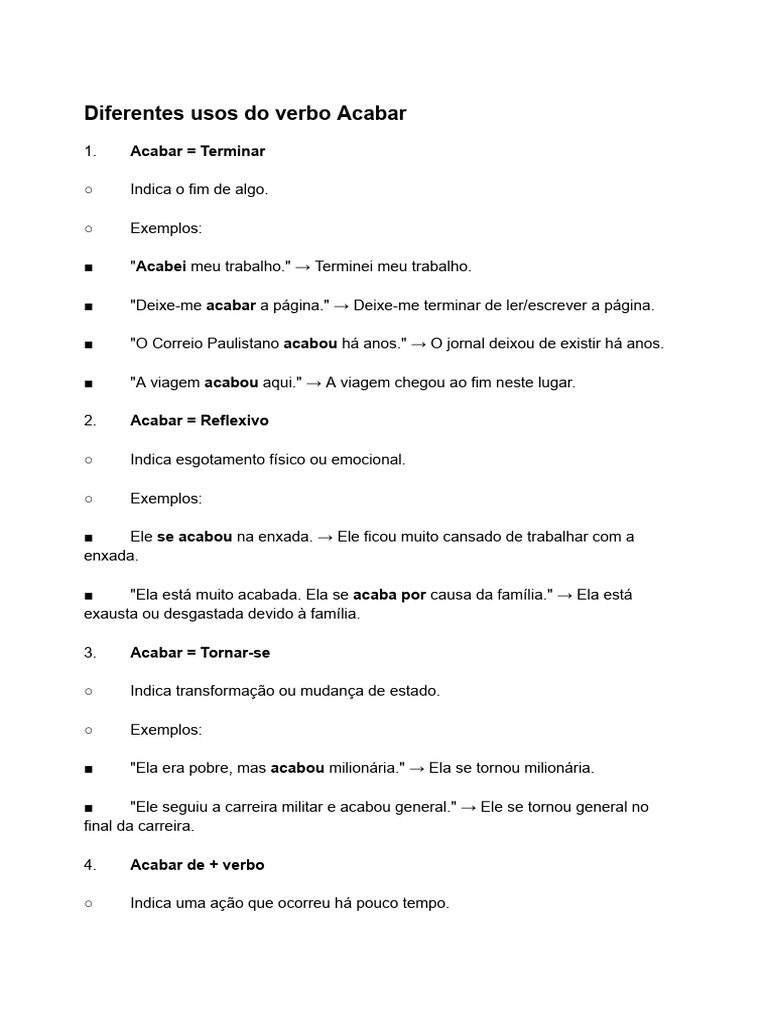 Usos do verbo "Acabar" | PDF