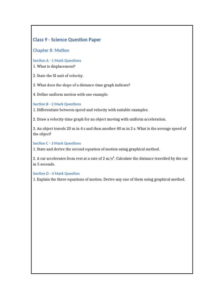 Chapter8 Motion Question Paper | PDF