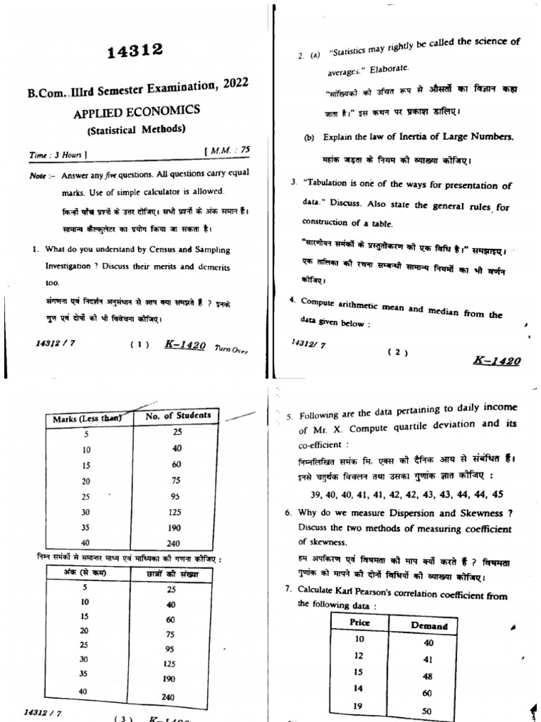 Bcom 3 Sem Applied Economics Statistical Methods 14312 2022 | PDF