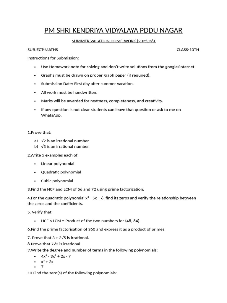 10th-Summer Vacation Homework | PDF