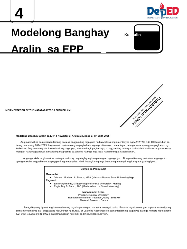 Q1 LE EPP 4 Lesson 1 Week 1 | PDF