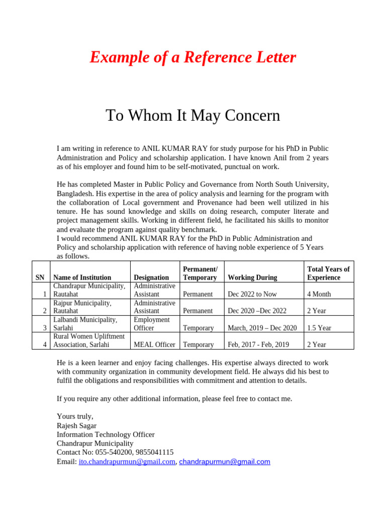 Reference Letter for PhD Candidate Anil Ray | PDF