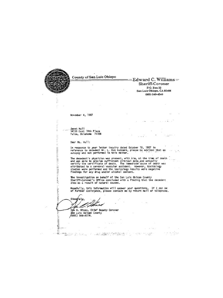 Coroners Letter 4 November 1987 PDF | PDF