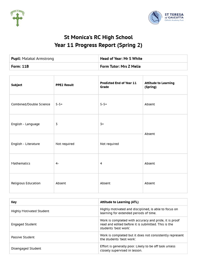 Year 11 Spring 2 Progress Report 2025 - Malakai Armstrong | PDF