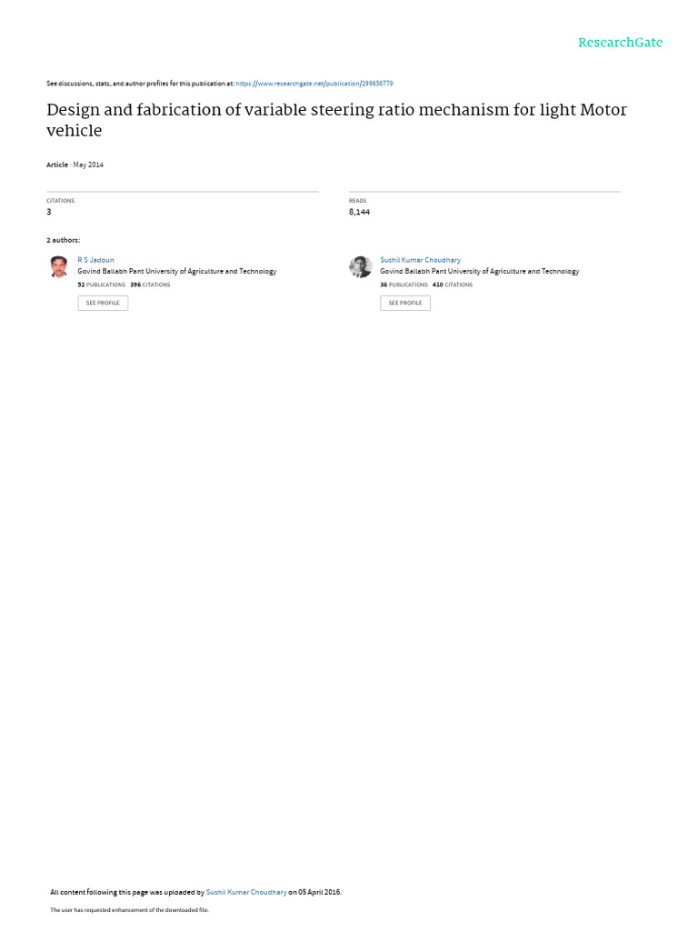 Design and Fabrication of Variable Steering Ratio Mechanism For Light ...