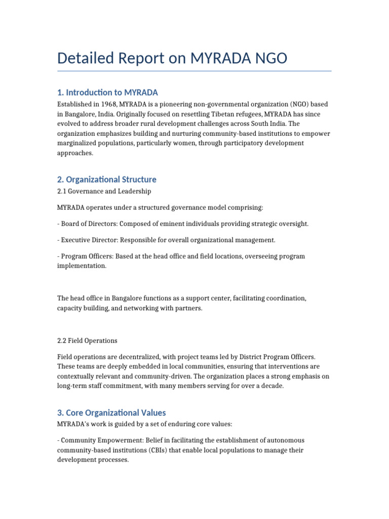 MYRADA NGO Detailed Report | PDF | Governance | Non Governmental ...