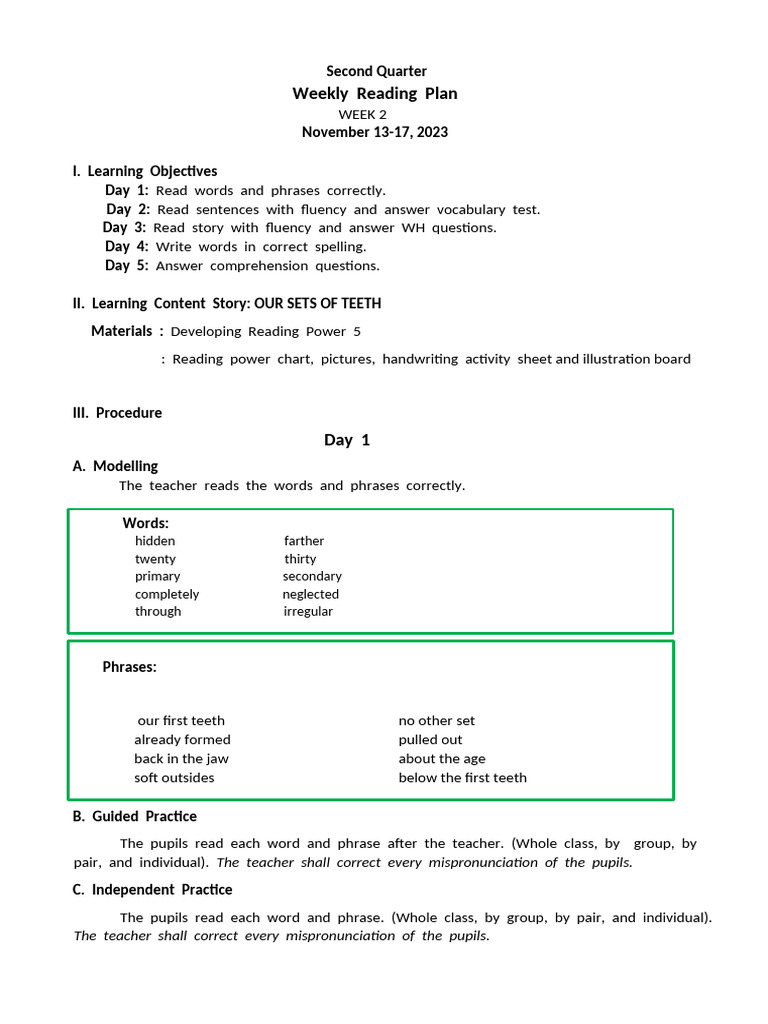 Weekly Reading Plan Q2 Wk1 | PDF | Tooth | Vocabulary