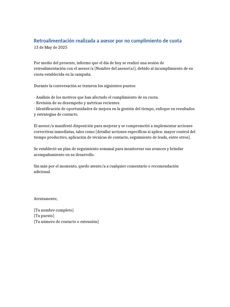 Feedback Asesor Incumplimiento Cuota | PDF