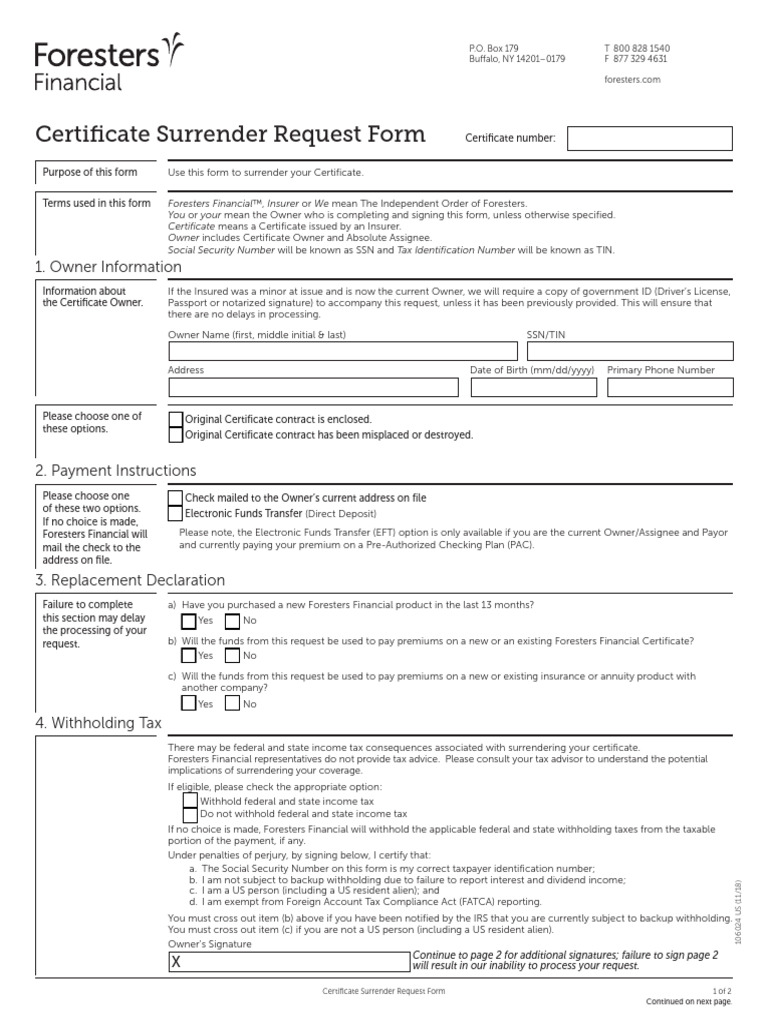 Certificate Surrender Request Form en Us | PDF | Taxes | Payments