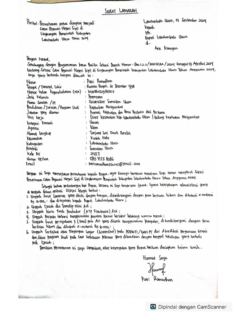 Surat Lamaran Puput | PDF