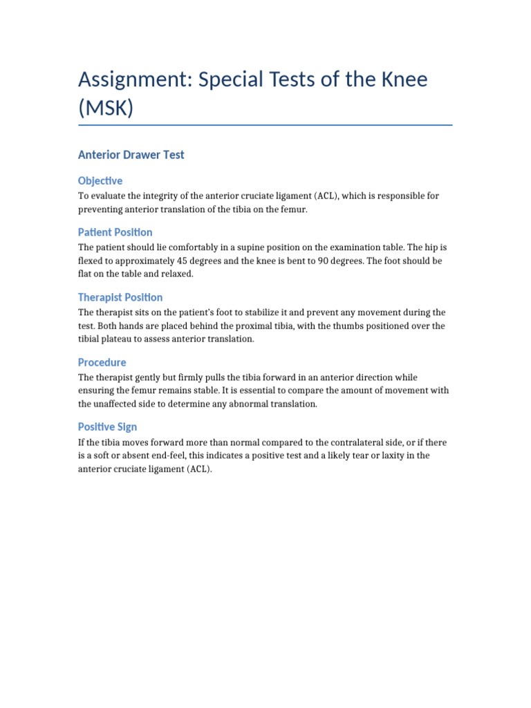 Detailed Knee Special Tests Assignment | PDF | Knee | Joints