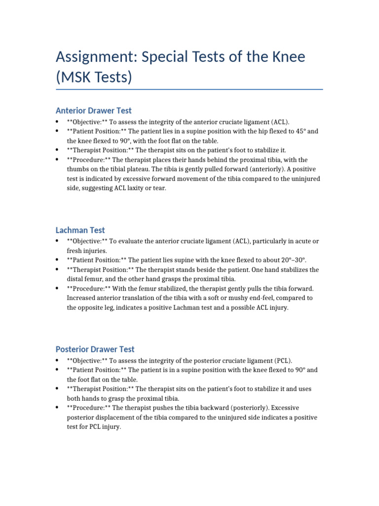 Special Tests of Knee Assignment | PDF | Knee | Musculoskeletal System