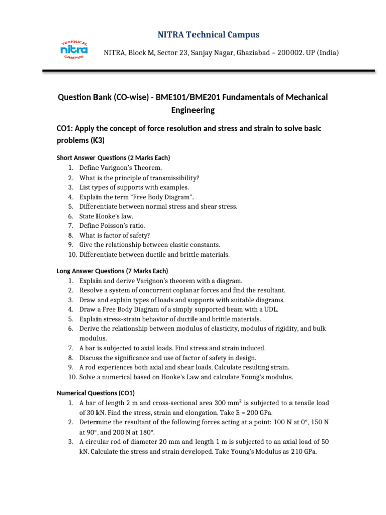 BME101 Complete CO Wise Question Bank | PDF | Young's Modulus | Engineering Tolerance