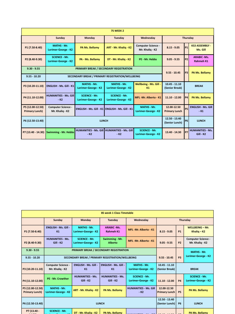 8th Class Weekly Timetable | PDF