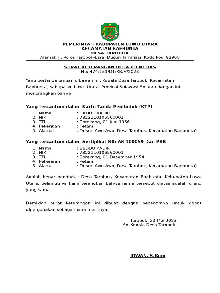 Surat Keterangan Beda Nama | PDF