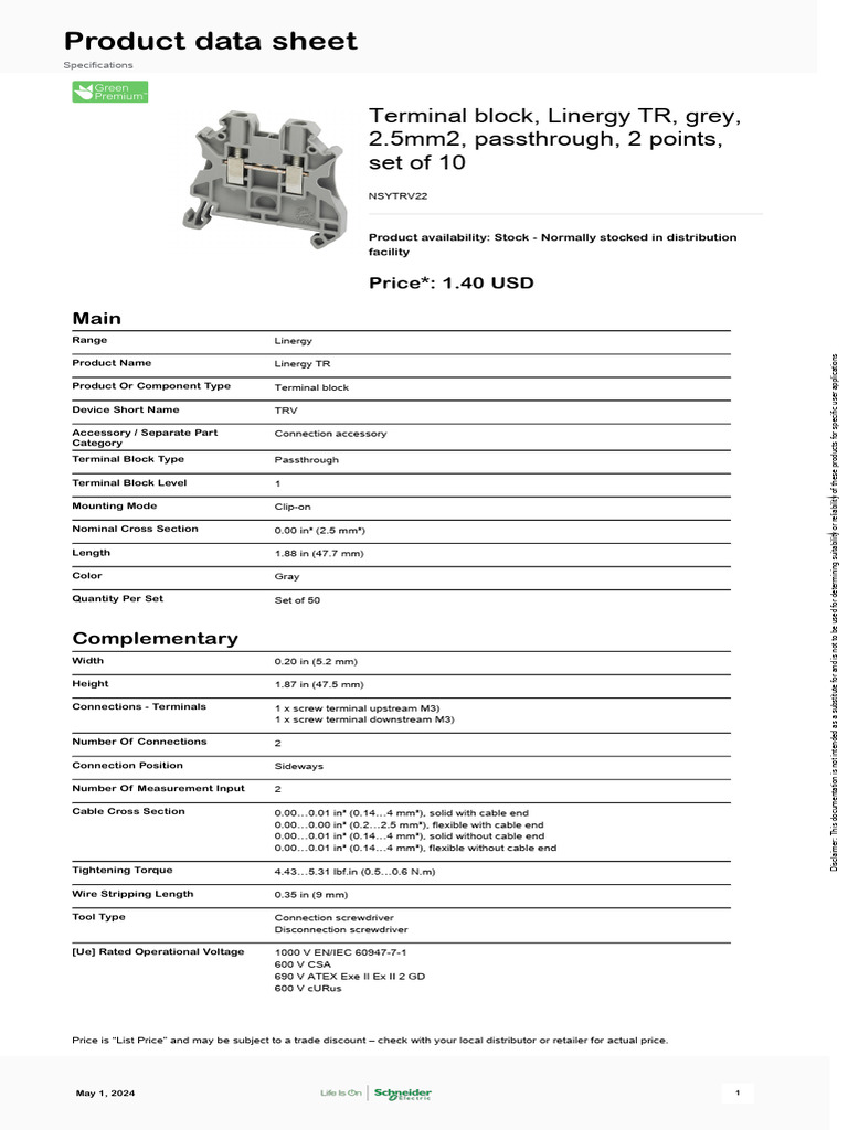 Linergy TR Terminal Block NSYTRV22 | PDF | Manufactured Goods