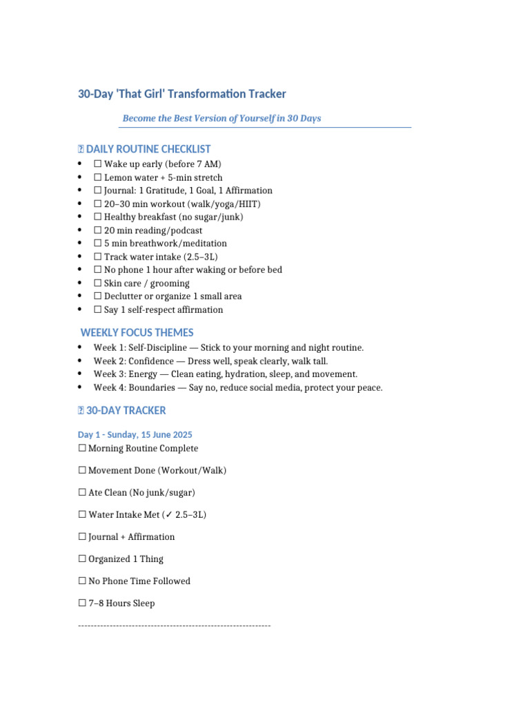 That Girl 30 Day Transformation Tracker | PDF