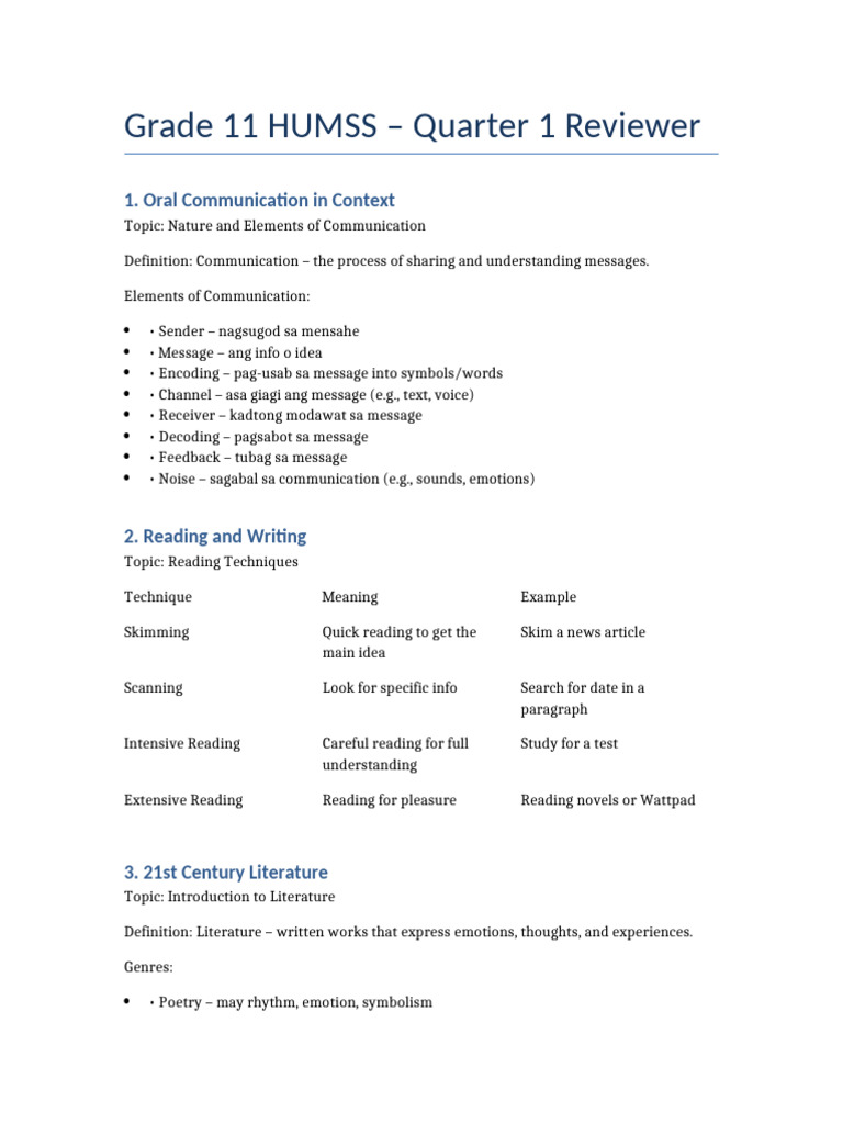 Grade 11 HUMSS Quarter 1 Study Guide | PDF | Communication | Human ...