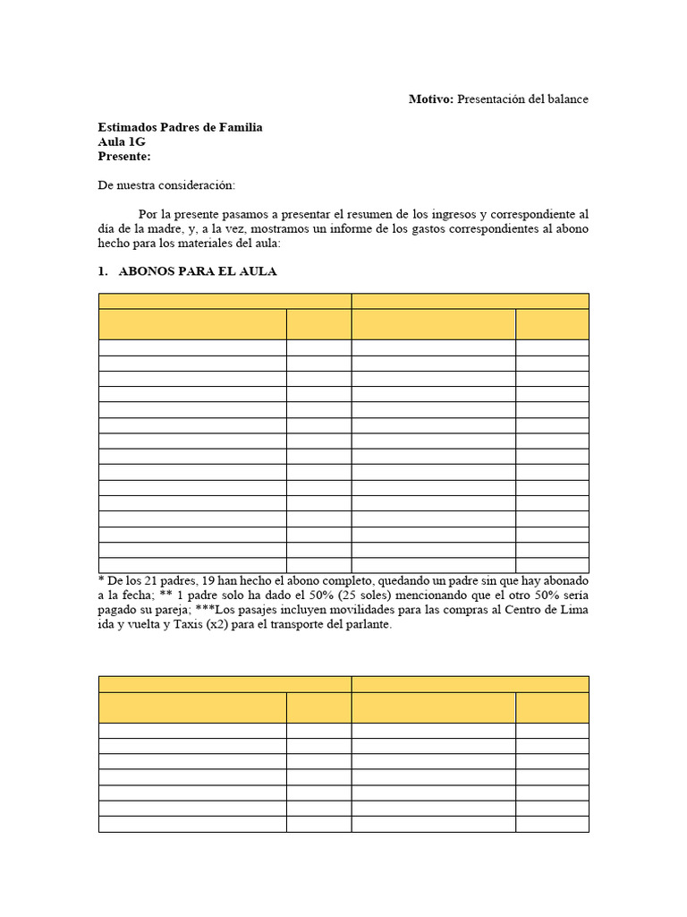 Informe de Ingresos y Gastos Aula 1G | PDF